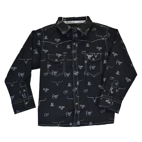 Youth Boy's Cowboy Hardware Black "Branding Irons" Long Sleeve Western