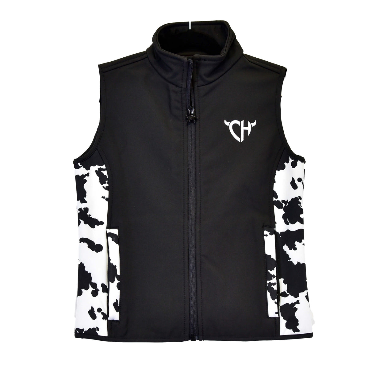Youth Girl's Cowgirl Hardware Black "Cow Print Accent" Poly Shell Vest