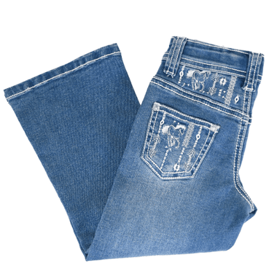 Infant & Toddler Girl's Medium Wash "Horse Aztec Yoke" Bootcut Jeans